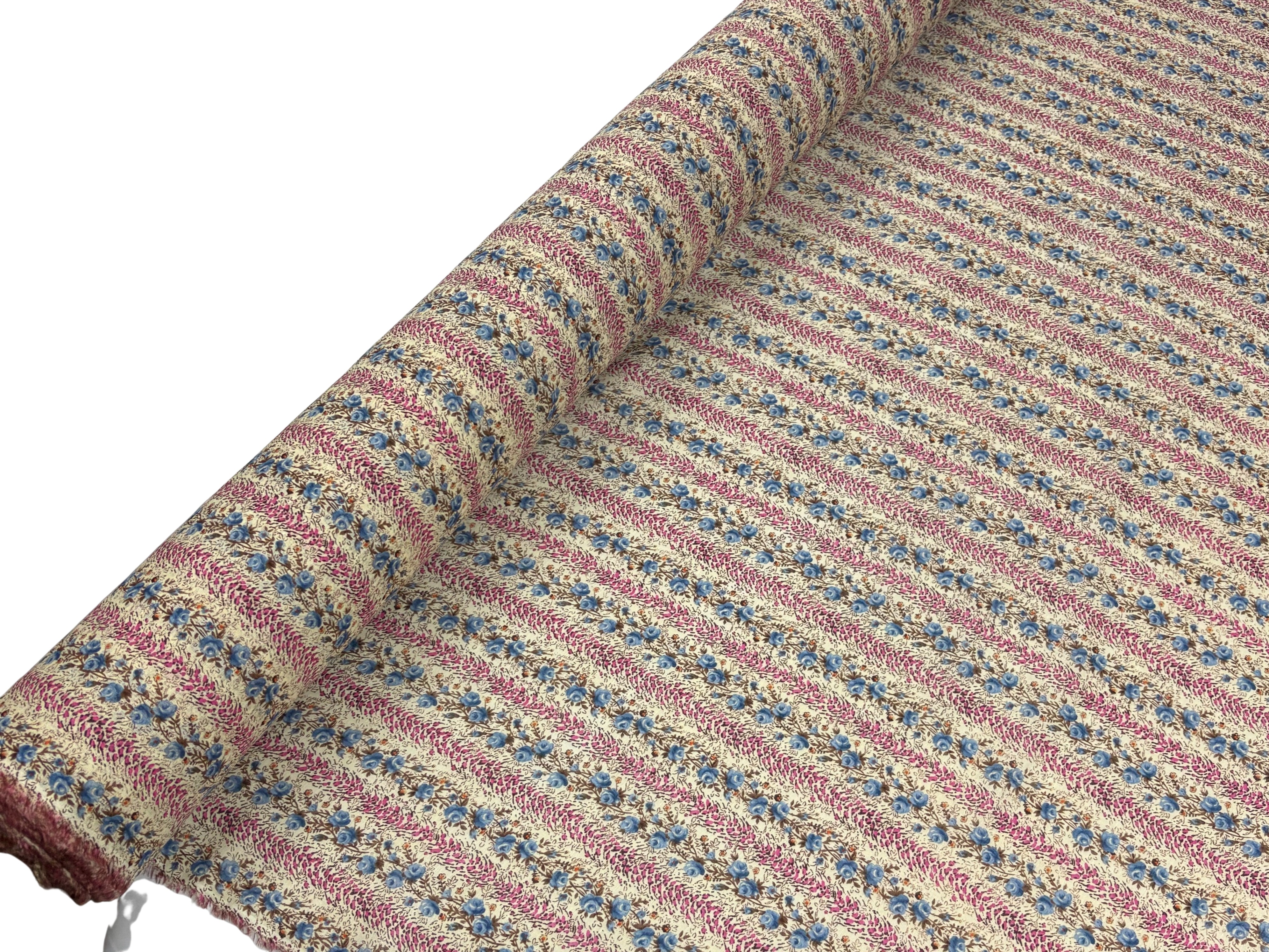 * SPECIAL * Blue Roses with Pink on Neutral Rayon - Backstreet Bargains