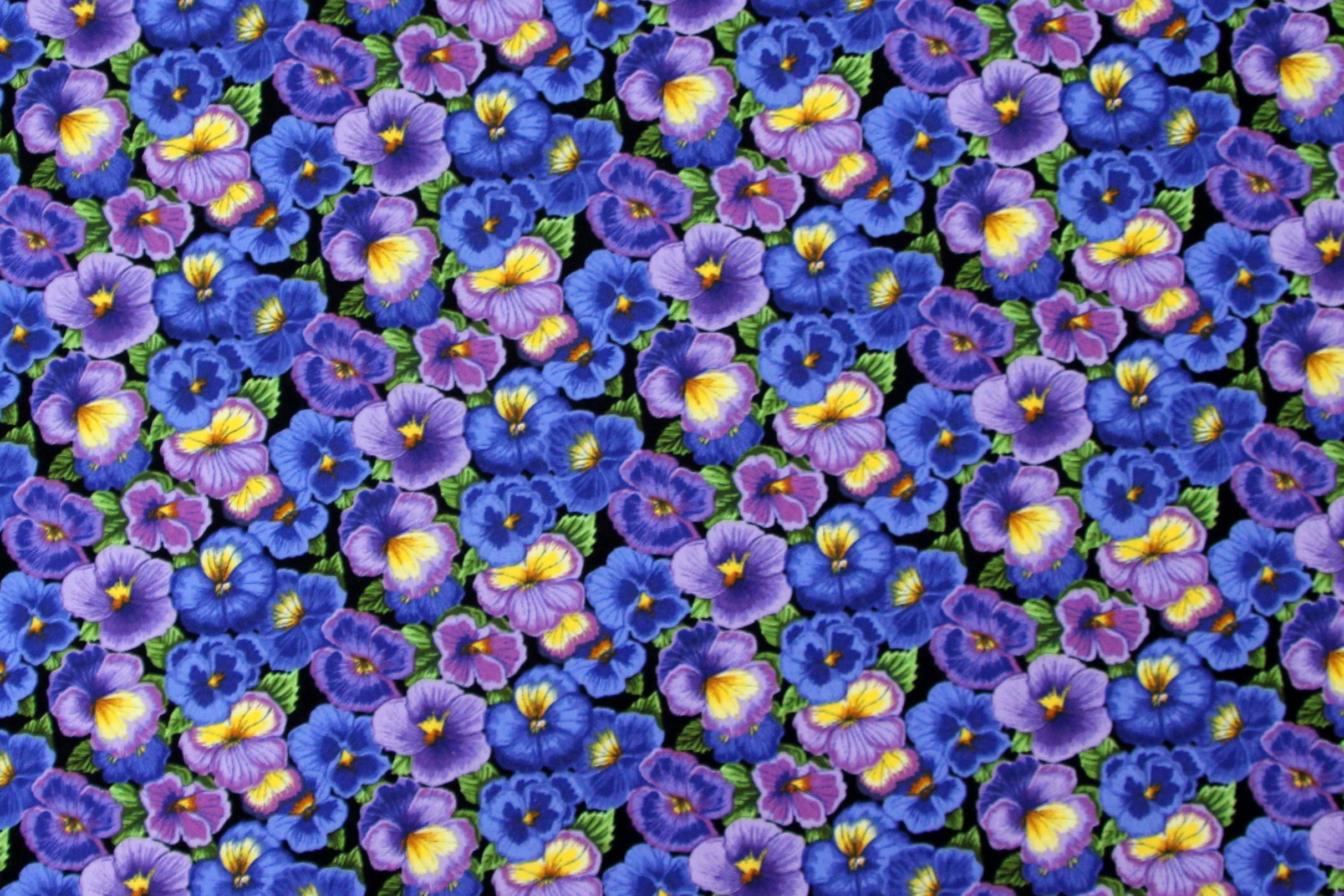 Purple Tone Pansy's on Black Premium Printed Cotton - Backstreet Bargains