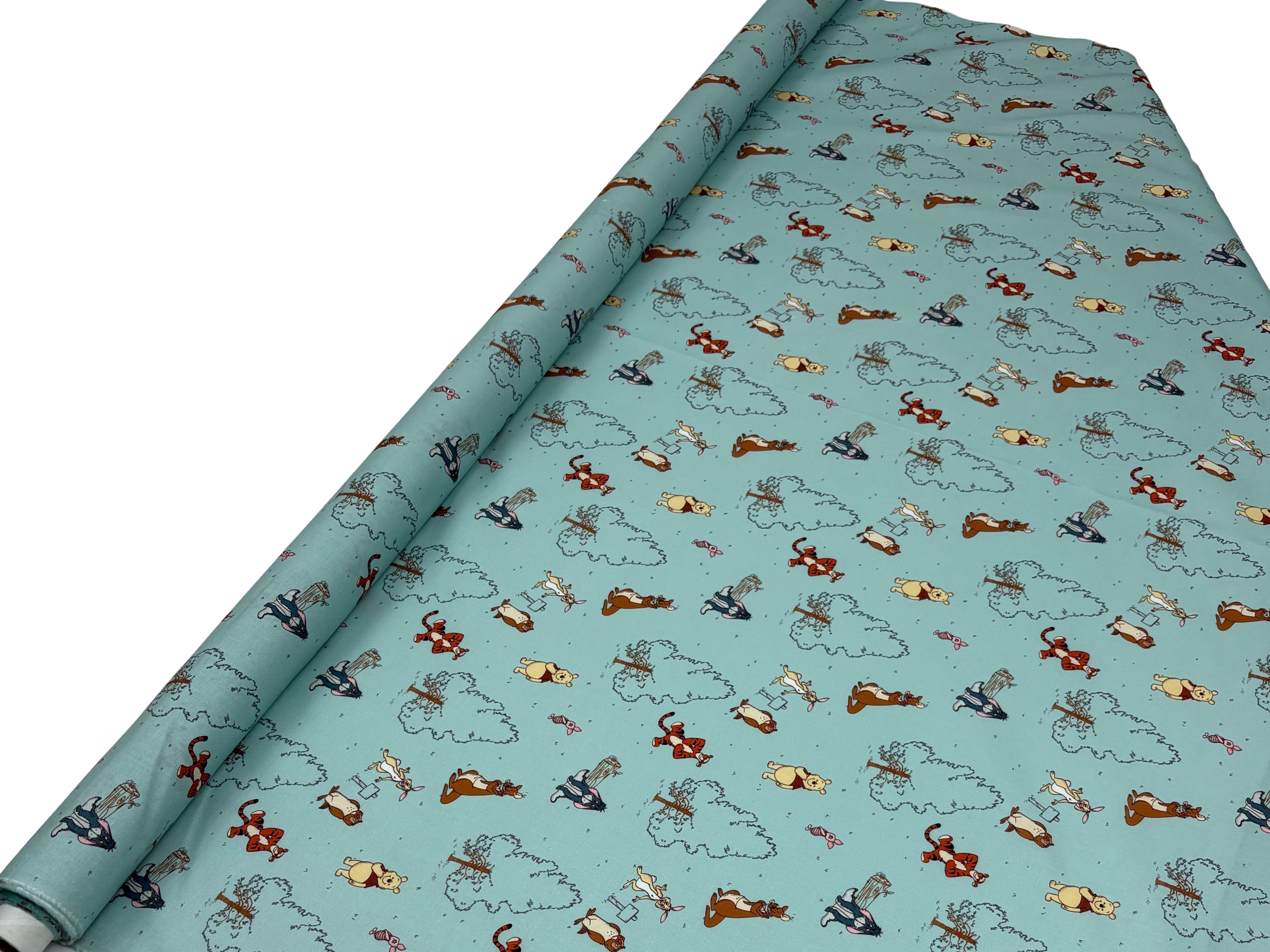 Pooh Bear & Friends on Spearmint Blue Printed Cotton - Backstreet Bargains