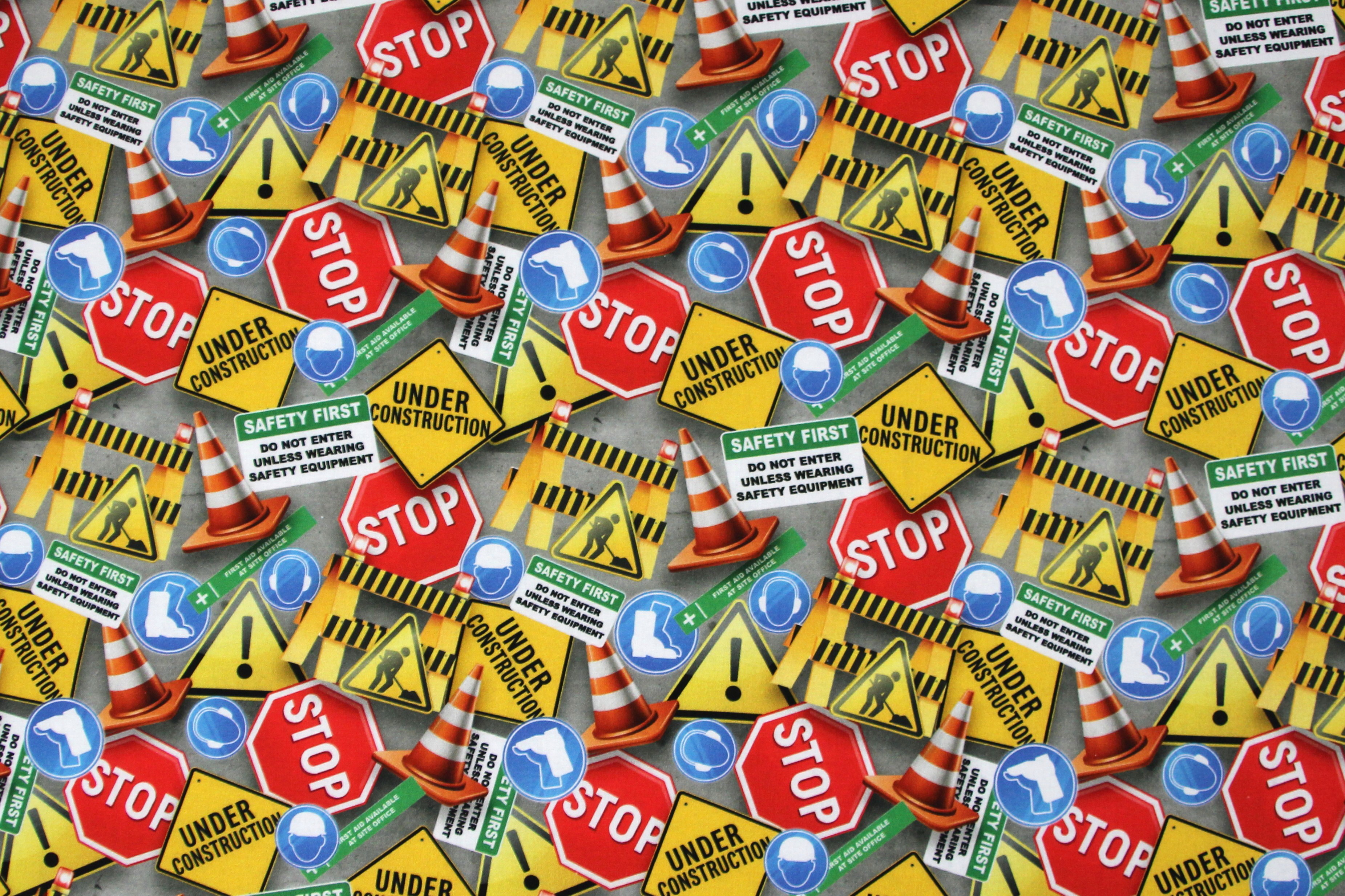 Construction Zone Signs Premium Printed Cotton - Backstreet Bargains